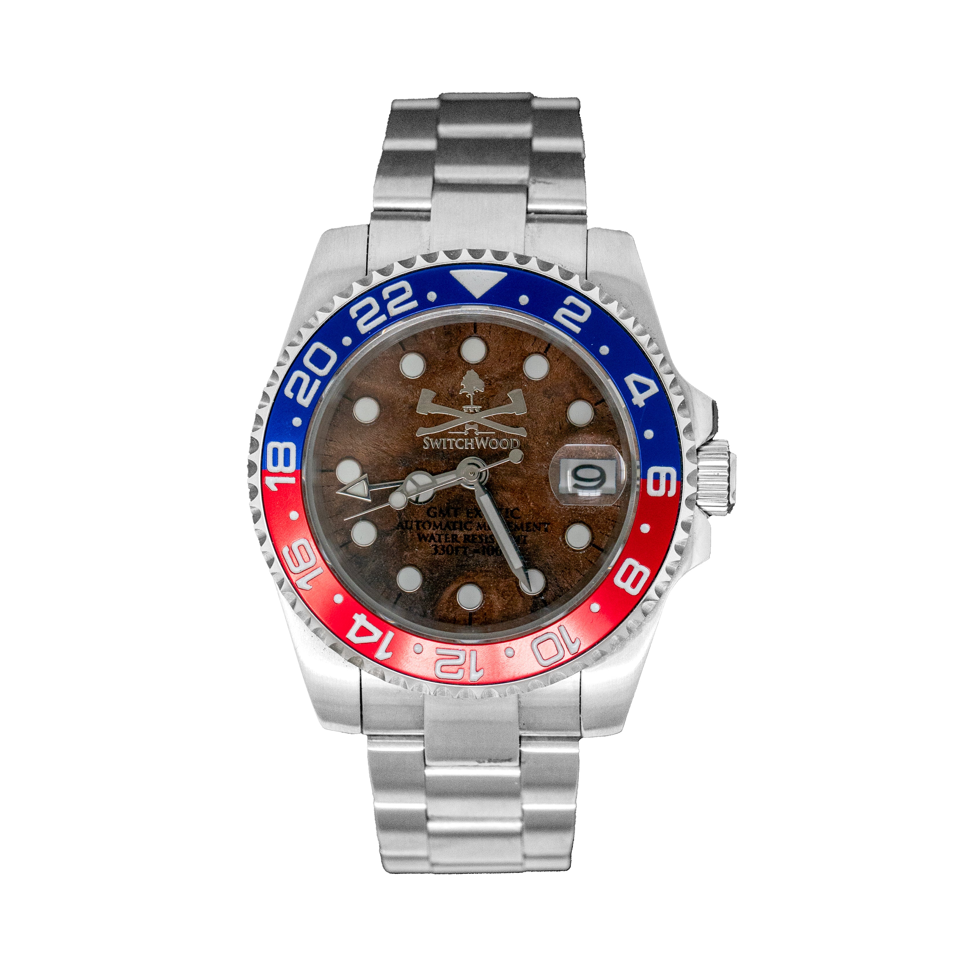 GMT Watch - Red/Blue Bezel Walnut Dial – SwitchWood